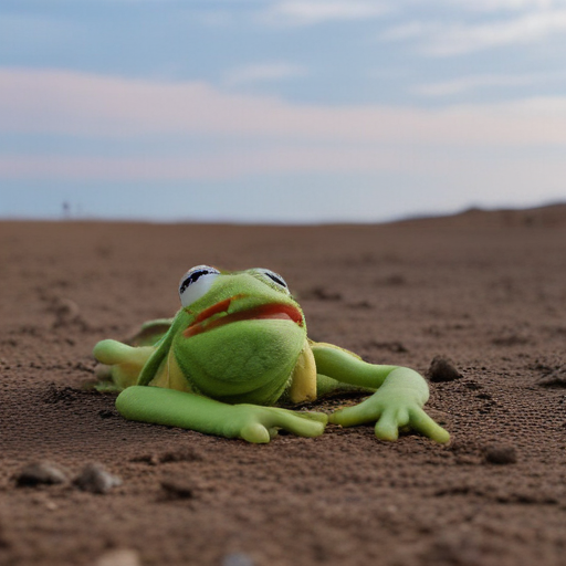 kermit the frog laying down on ground with his face facing the sky