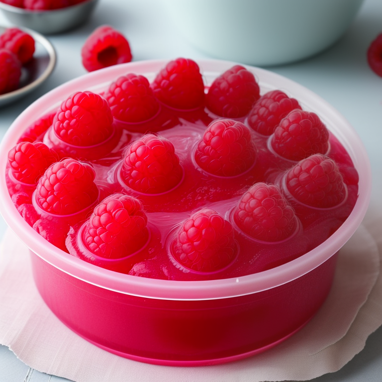 A Vibrant Raspberry Jelly Dessert Adorned with Real Raspberry Toppings.