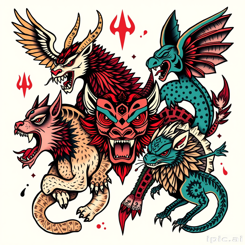 Vibrant Collection of Mythical Creatures in Intricate Tattoo Art Style