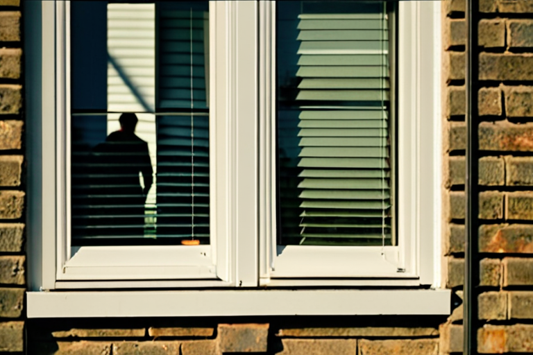 an external straight at camera shot of a residential window, shadowy ...