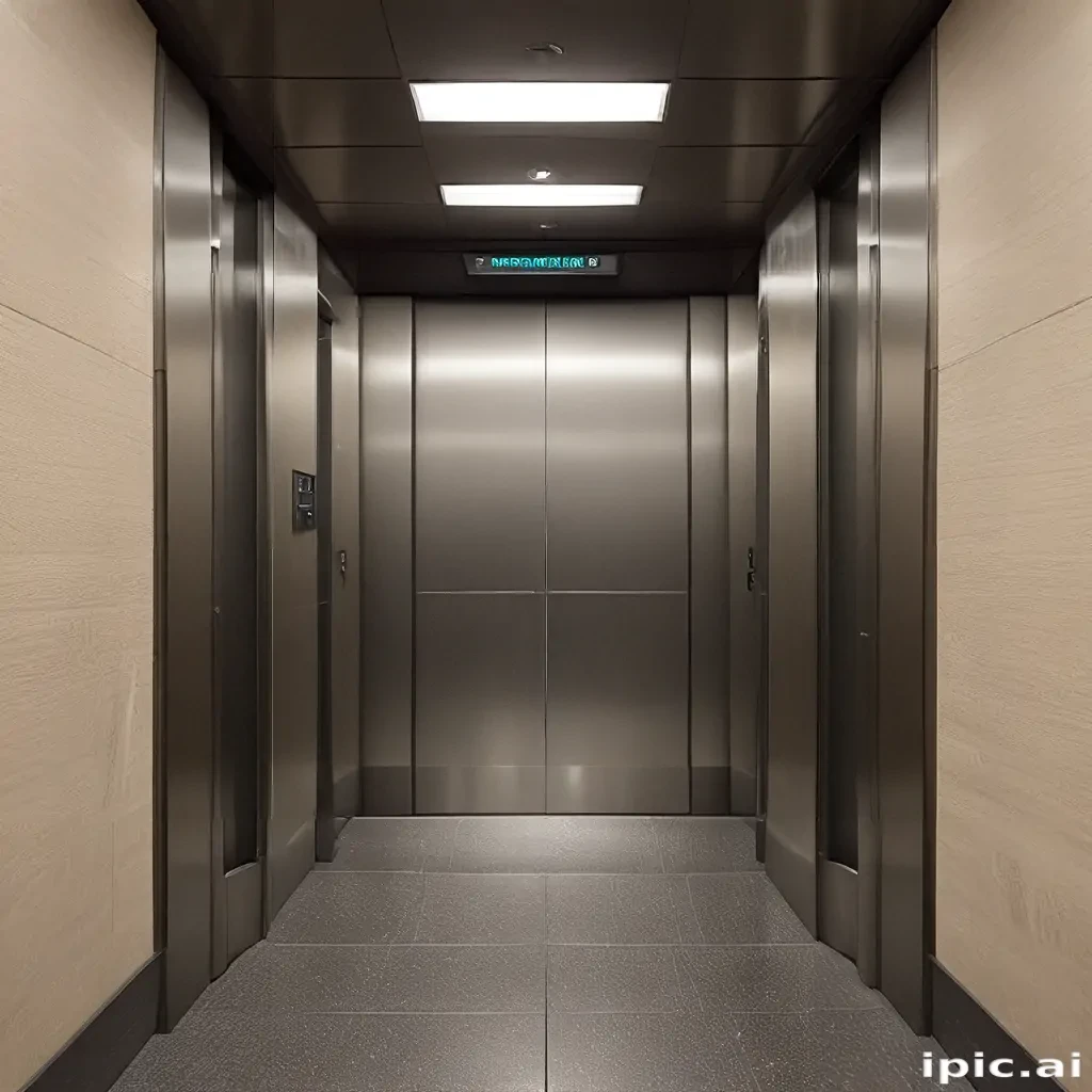 Modern Elevator Interior with Metallic Walls and Bright Ceiling Lights