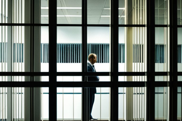 an external straight at camera shot of an office window, shadowy figure ...