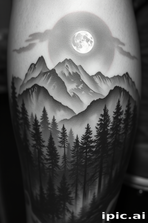 Intricate Black and White Tattoo Depicting Majestic Mountains Under a ...