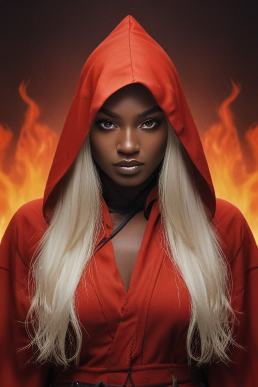 Fire witch in red and orange wizard robes, symmetrical eyes, platinum ...