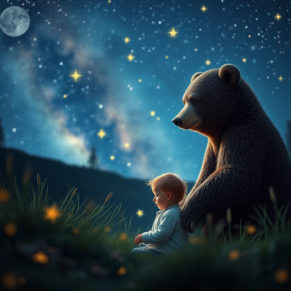 A Serene Night Under the Stars with a Child and a Bear