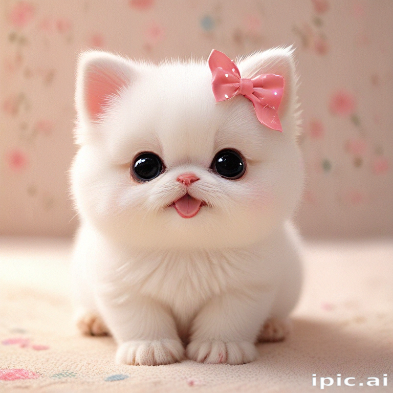 Adorable Fluffy White Kitten with Big Eyes and Cute Pink Bow.