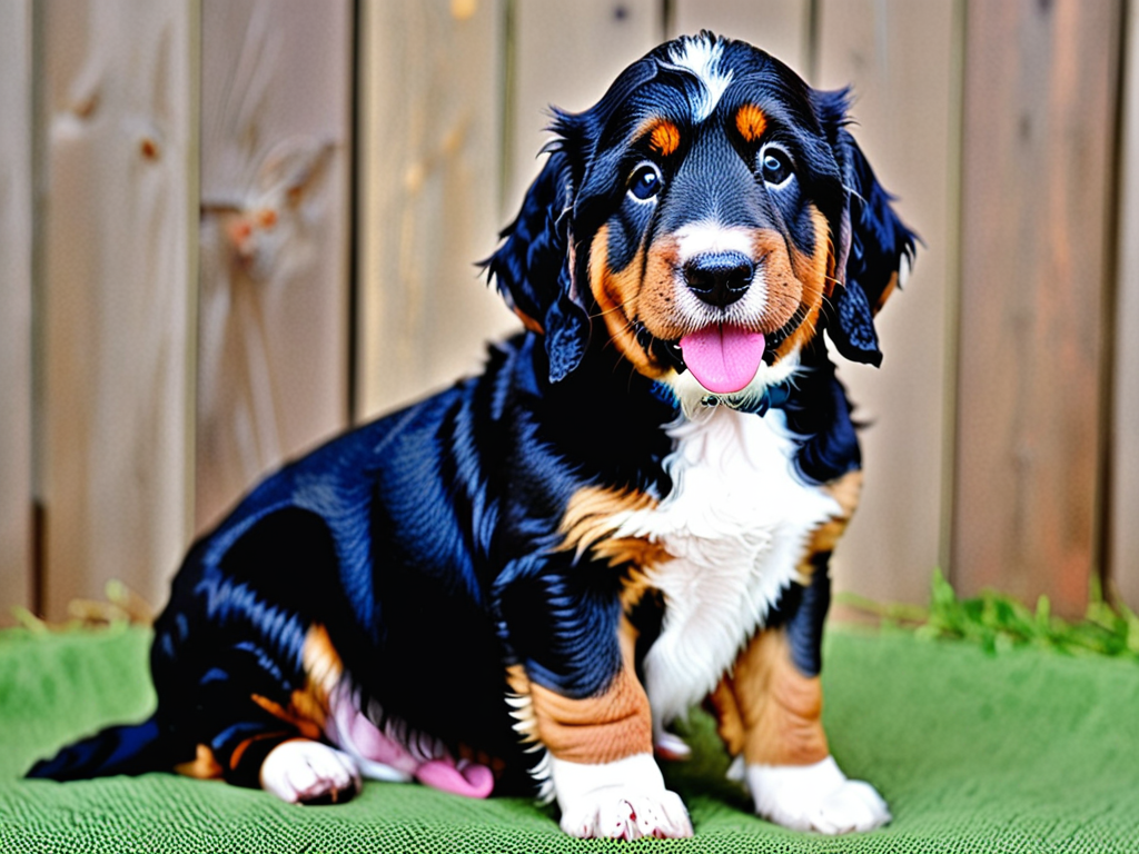 Adorable Bernese Mountain Dog Puppy Sitting Happily on a Green Blanket.