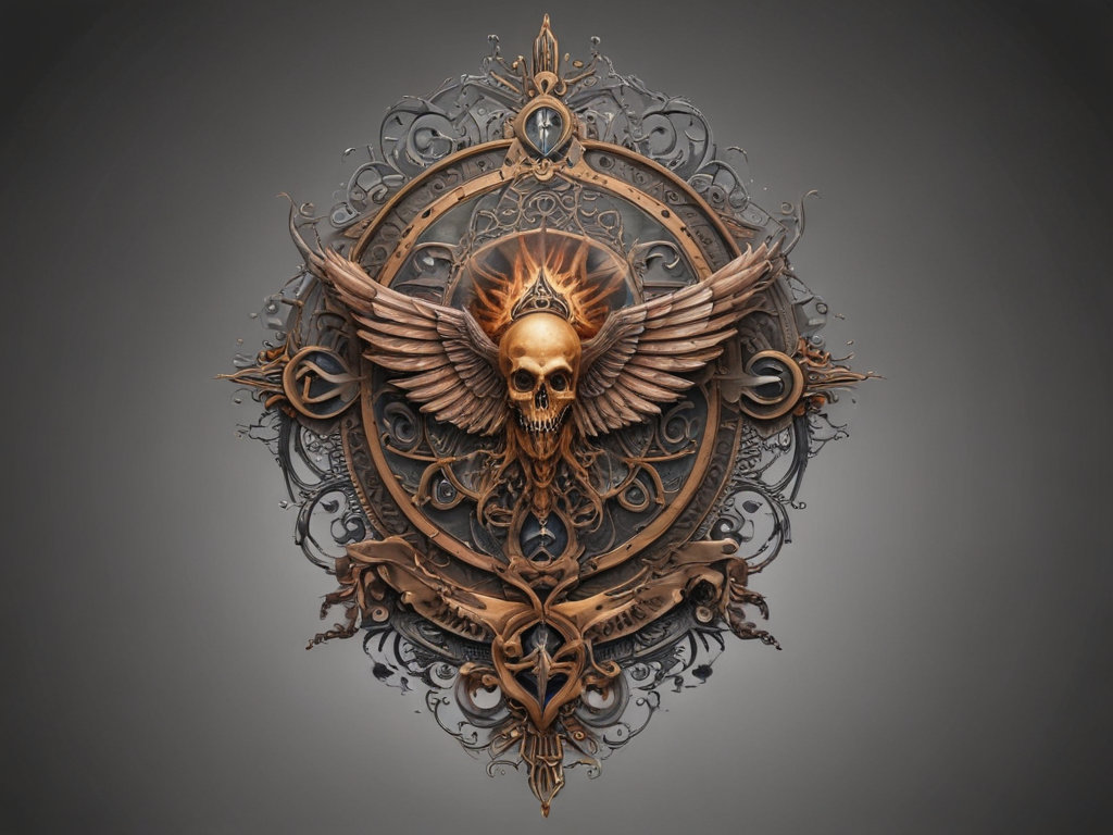 Intricate Skull Design with Wings and Ornate Decorative Elements in Bronze