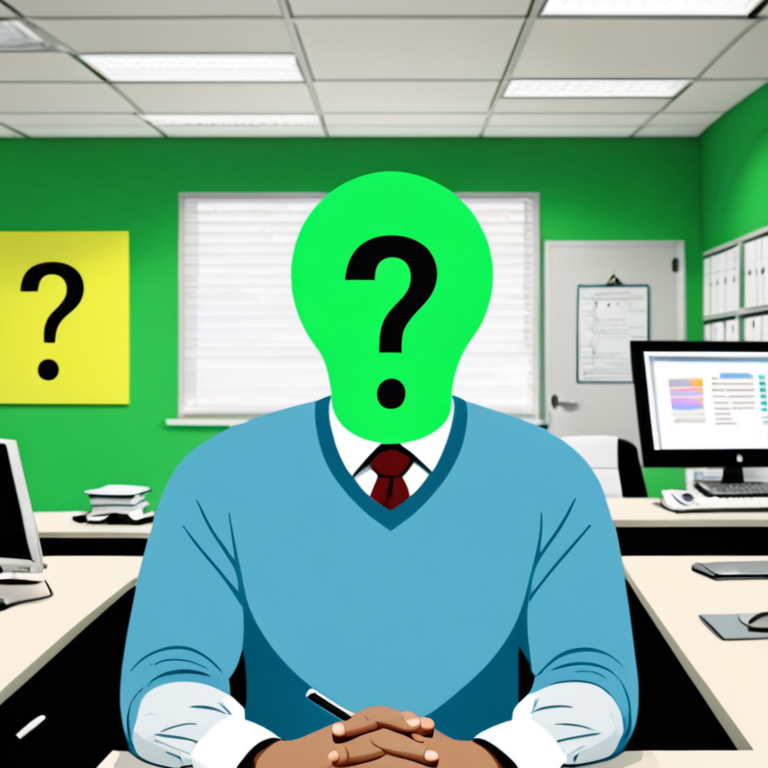 A blue-green CARTOON character with a question mark on top of his head ...