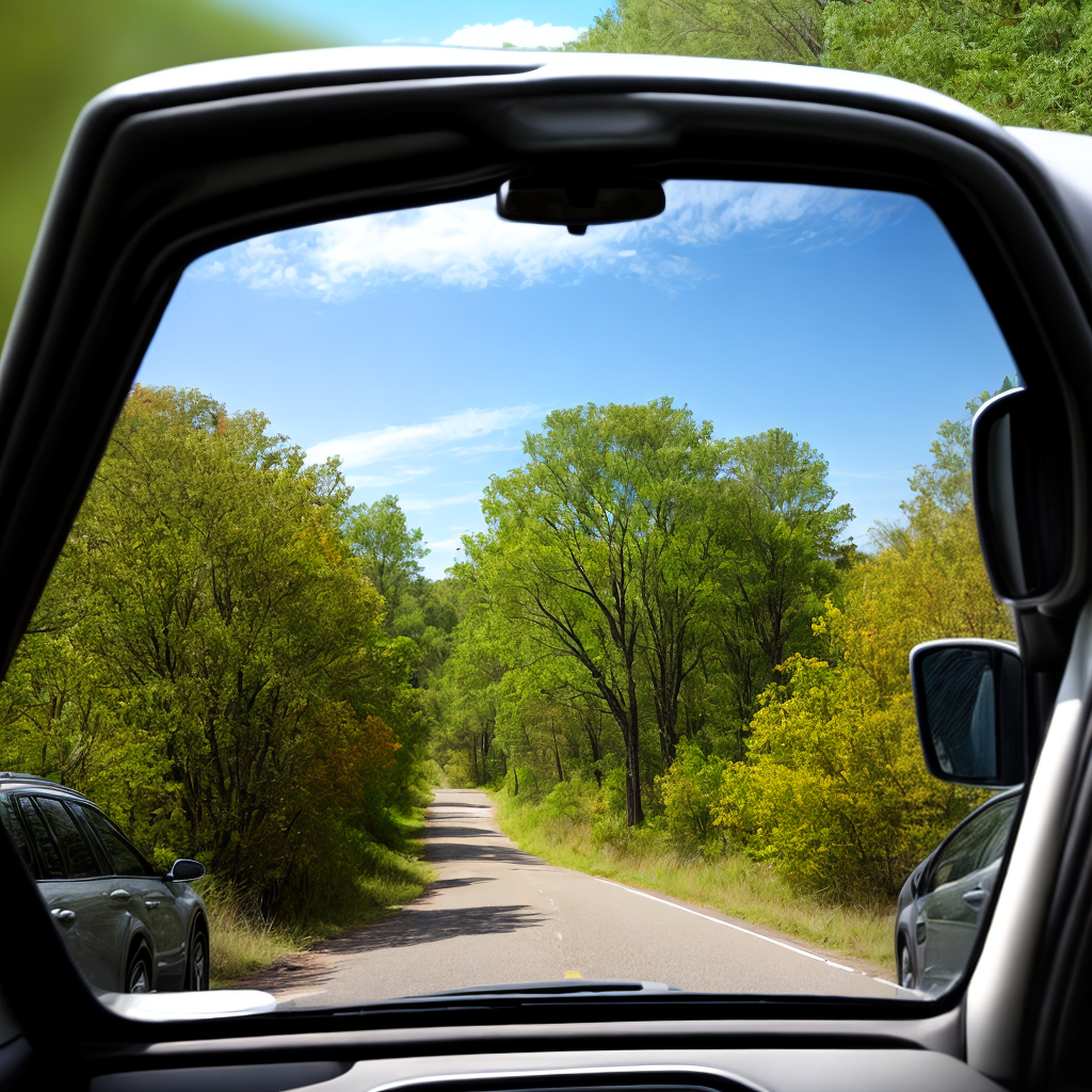 looking in rearview mirror and out winshield