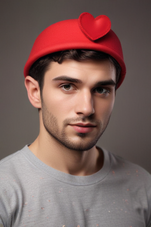 A man covered in hearts with a red hat looking like cupid