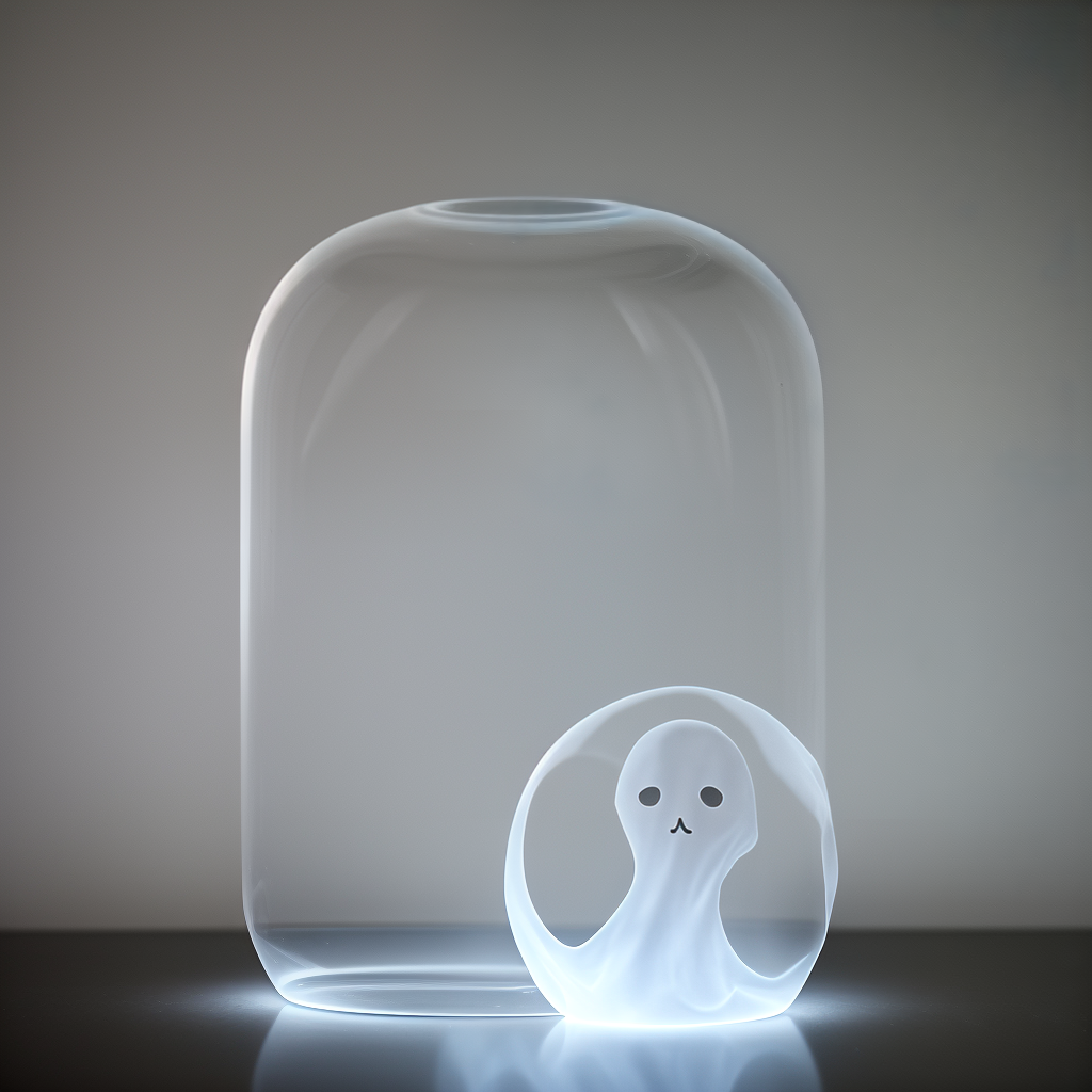 Whimsical Glass Sculpture of a Friendly Ghost Beside a Vase