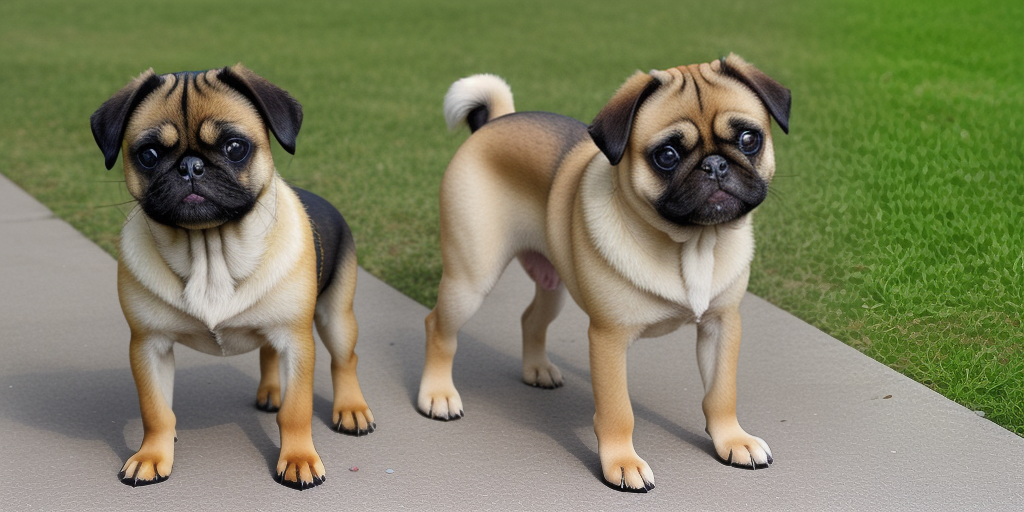 Two adorable pugs standing side by side on a sunny day.