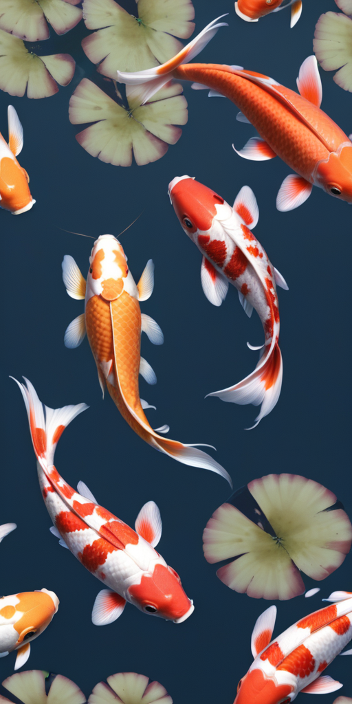 Vibrant Koi Fish Swimming Gracefully Among Tranquil Lily Pads in Water