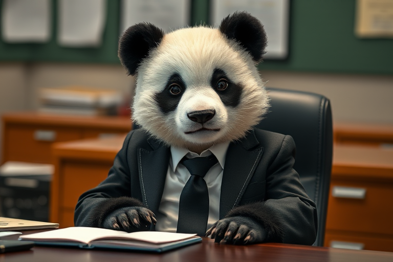 A Professional Panda in a Suit Working at a Corporate Office Desk