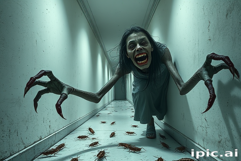Terrifying Creature Crawling in a Dark Hallway Filled with Cockroaches.