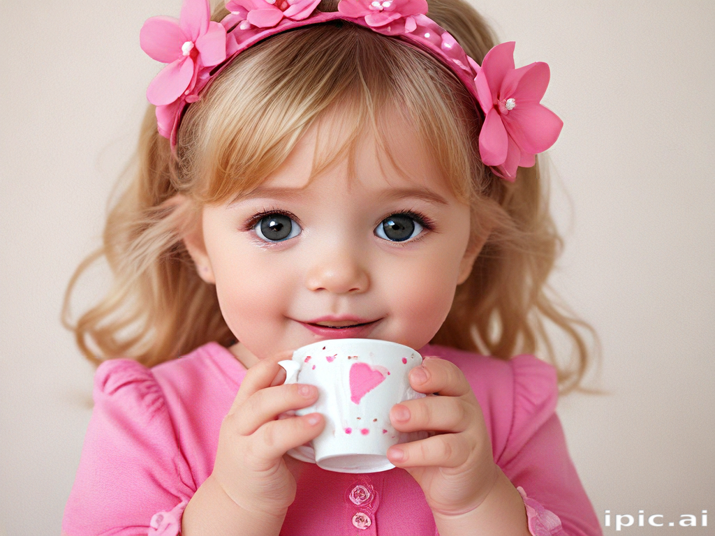 Adorable Young Girl in Pink Holding a Cute Teacup with Heart Design