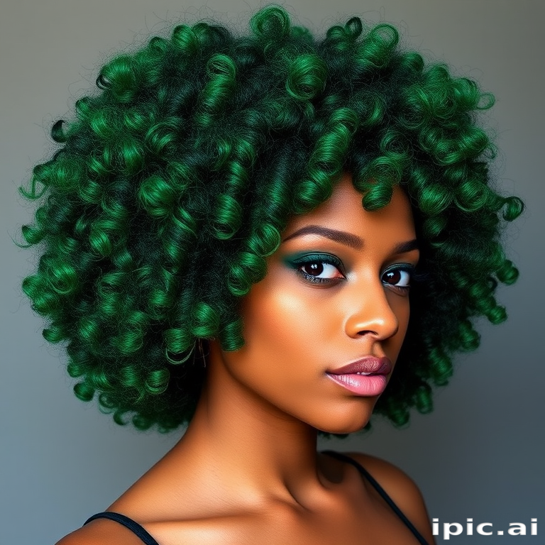 Stunning Portrait of a Woman with Vibrant Green Curly Hair and Makeup