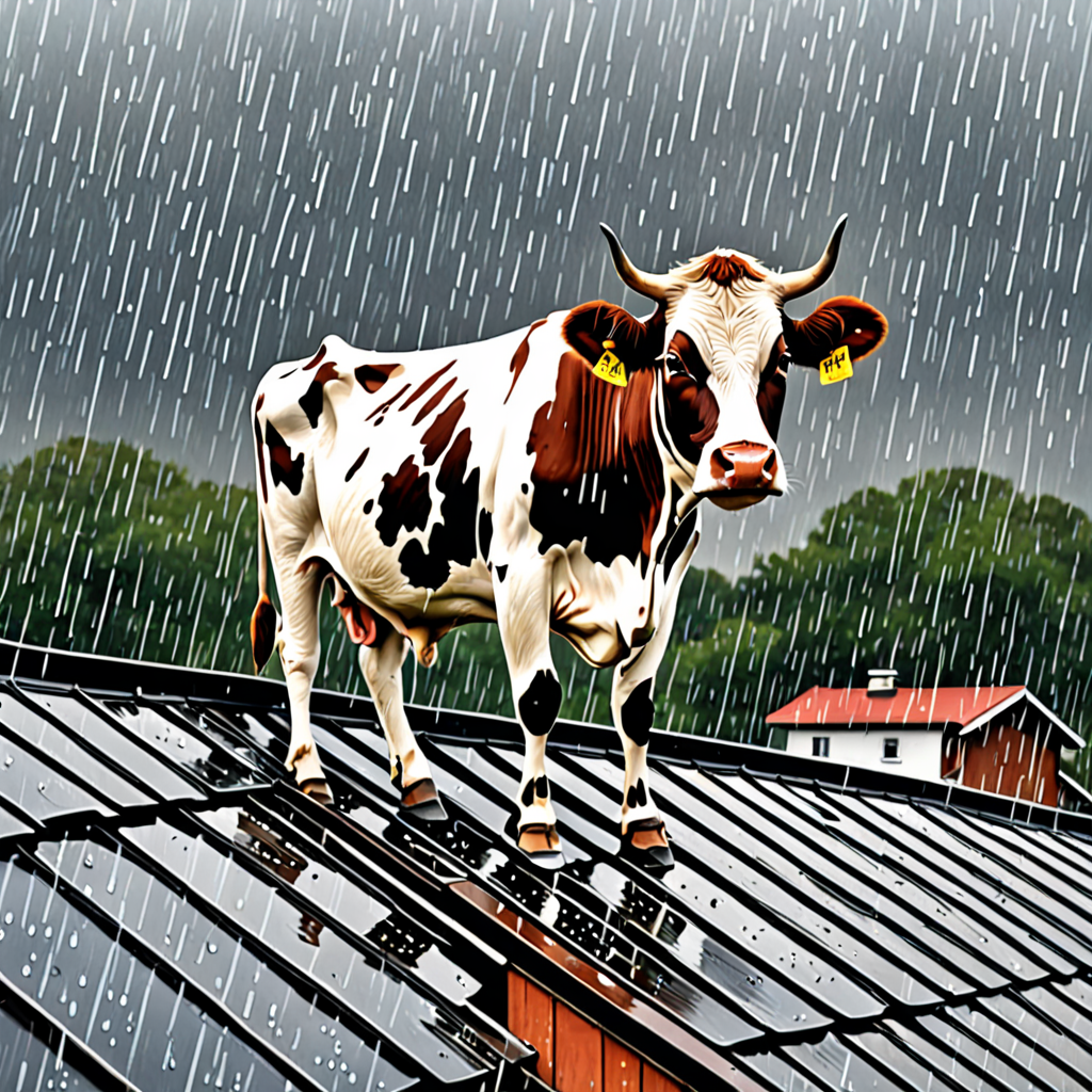cow on roof in rain color illustration