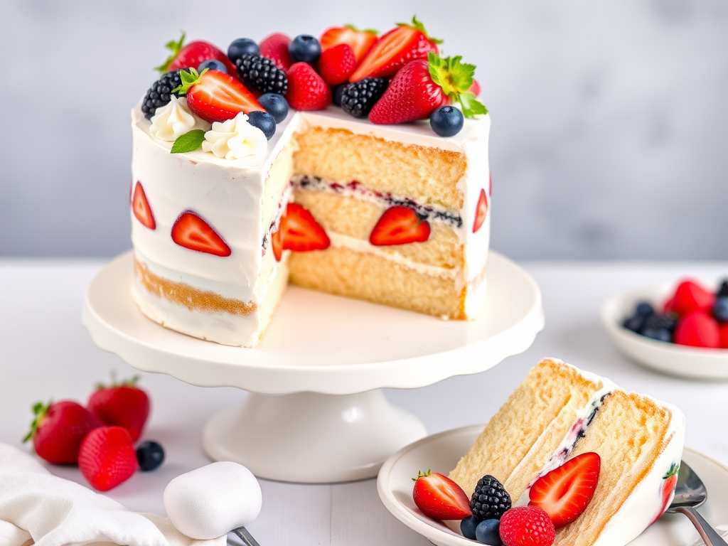 A Deliciously Decorated Layer Cake Topped with Fresh Berries and Cream.