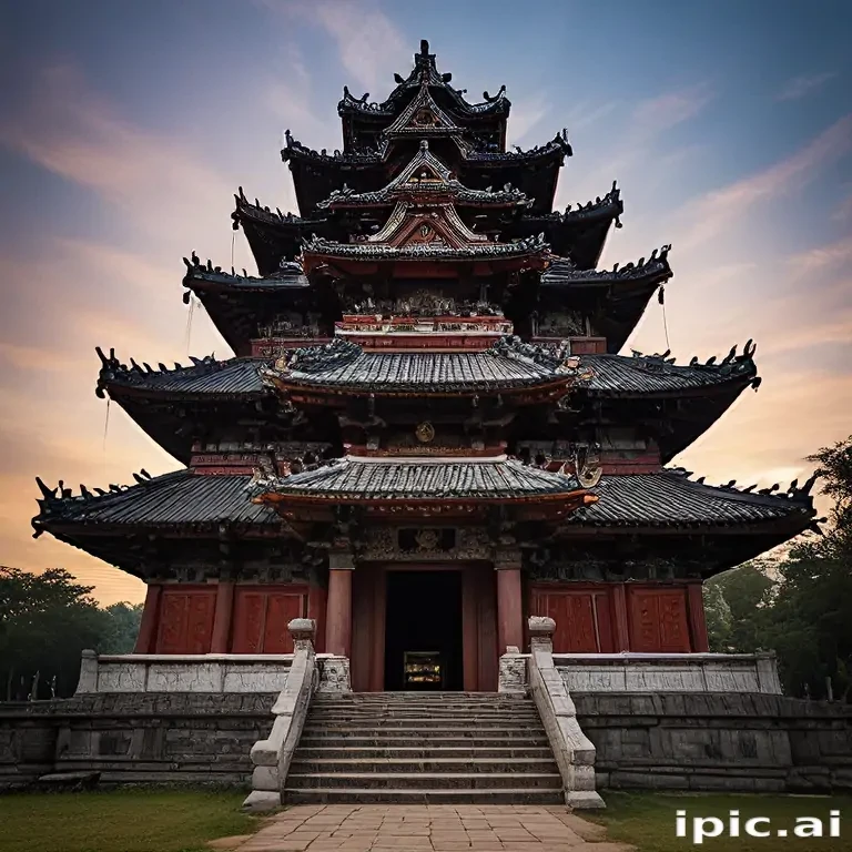 Majestic Multi-Tiered Pagoda Surrounded by Serene Nature at Dusk