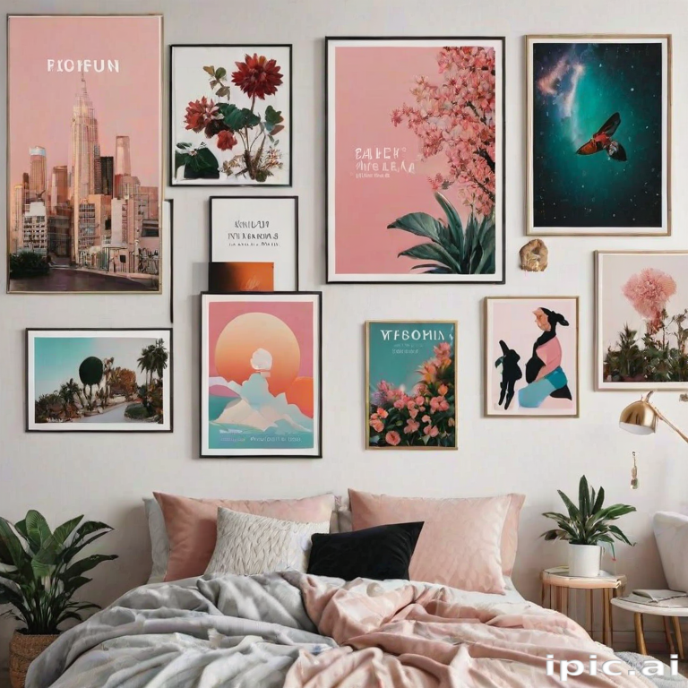 Stylish Gallery Wall Featuring Diverse Art and Cozy Bedroom Aesthetics