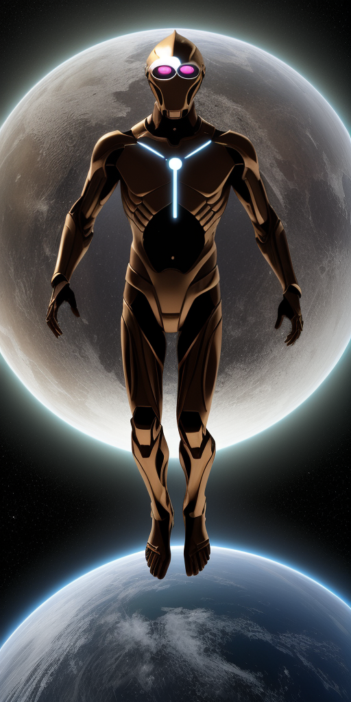 Futuristic Robot Hovering Above Earth with Celestial Bodies in Background