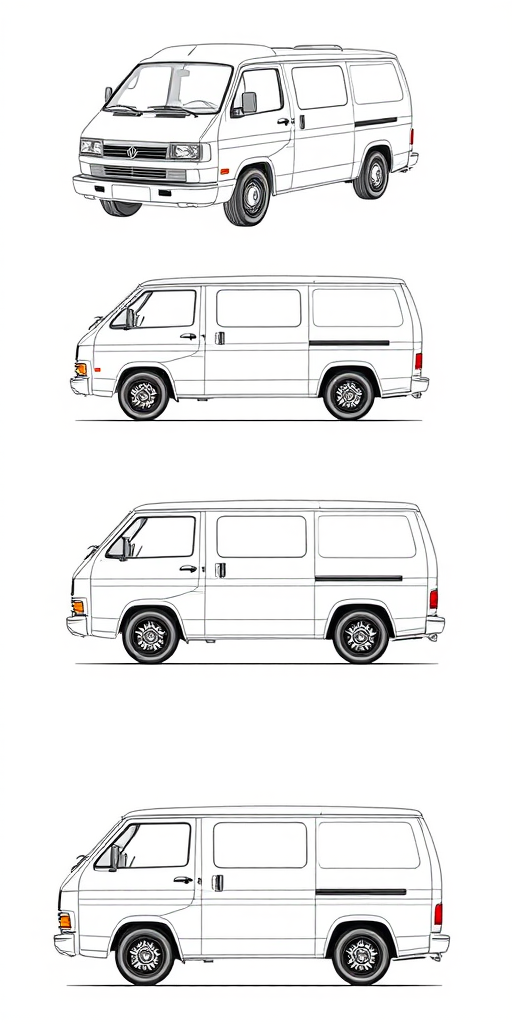 Detailed Line Art Illustrations of a Classic Volkswagen Van from ...