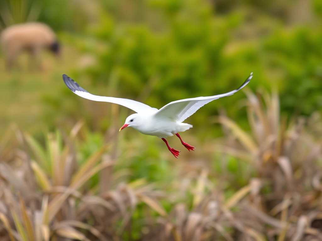 A graceful white bird with red feet soaring through the lush greenery.