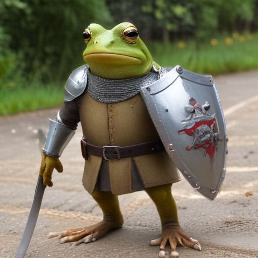a frog in a knight suit with a shield