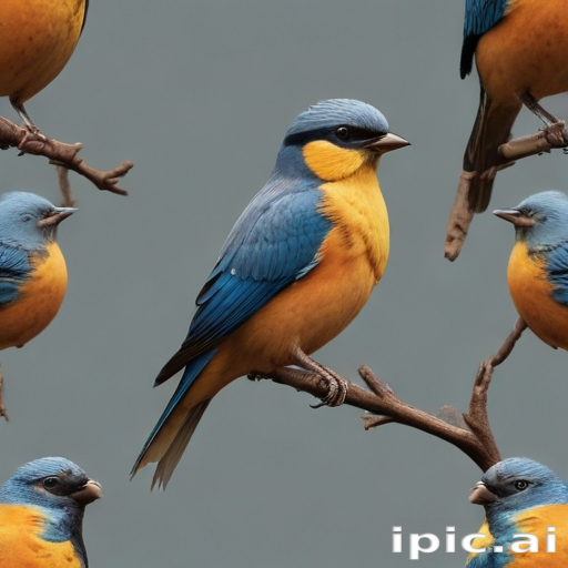 Colorful Blue and Yellow Birds Perched on Branches Against a Grey ...