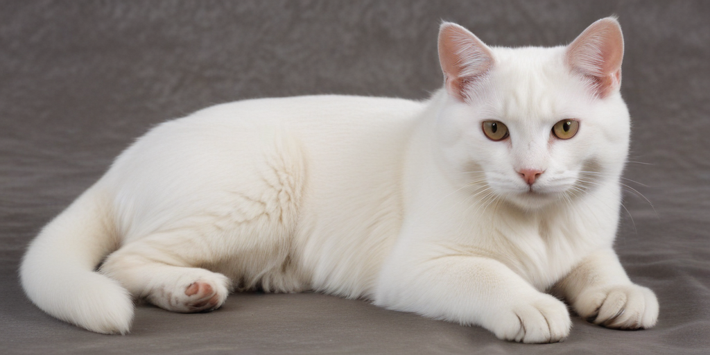 A Beautiful White Cat Relaxing Comfortably on a Soft Gray Surface