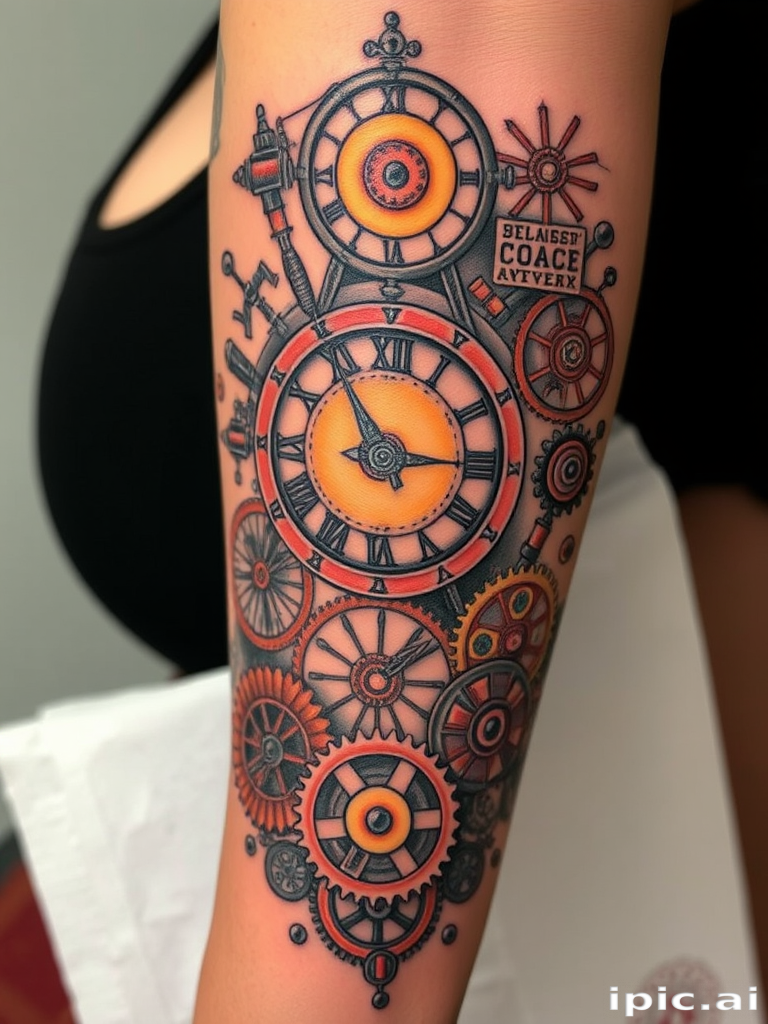 Intricate Clockwork Tattoo Featuring Gears and Timepieces on Arm