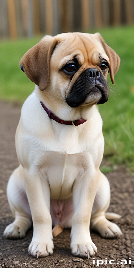 A Charming Pug Sitting Gracefully on a Pathway Surrounded by Greenery