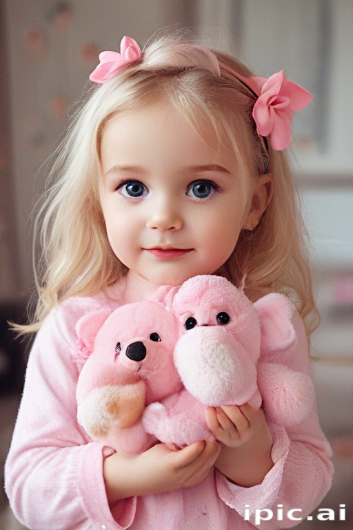 A Sweet Little Girl Holding Adorable Pink Plush Toys with Joyful Expression.
