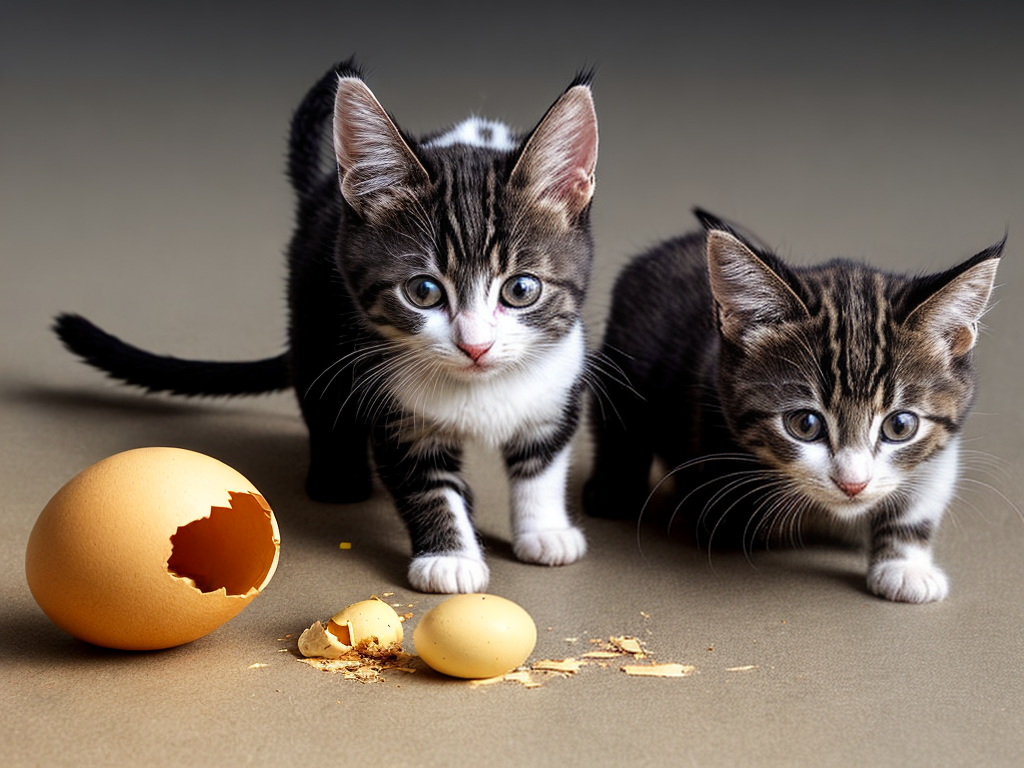 Generate a picture of a kittens crawling out of broken egg shells ...