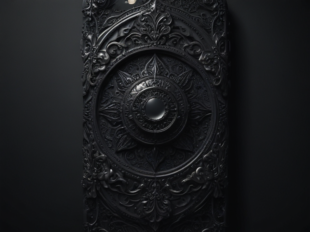 Intricately Designed Black Phone Case with Ornate Patterns and Details
