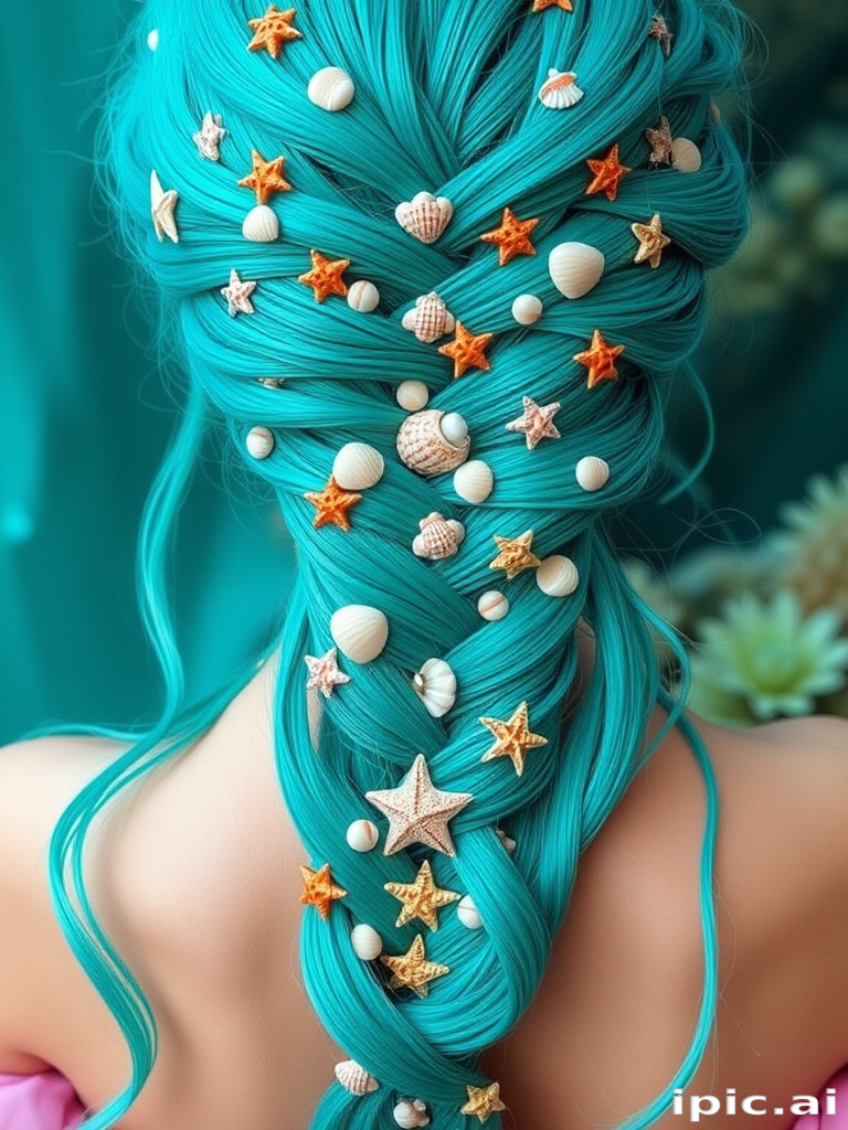 Vibrant Aqua Hair Styled with Seashells and Starfish for a Beachy Look