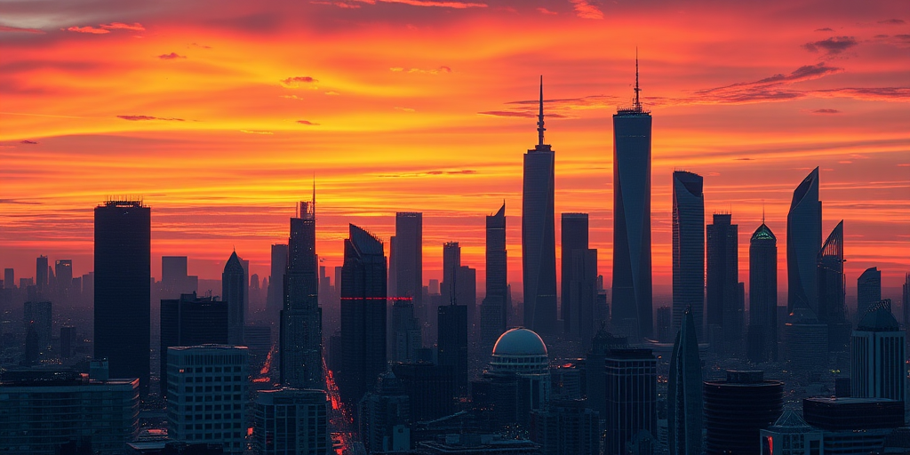 Stunning Sunset Over a Vibrant City Skyline with Towering Skyscrapers