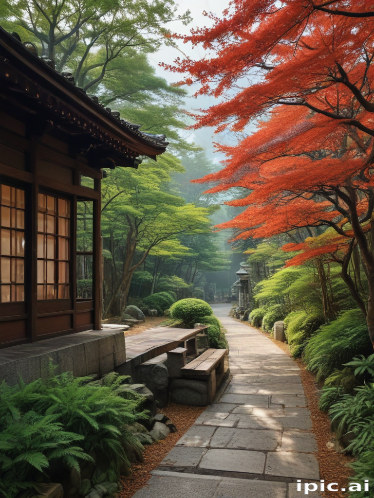 Tranquil Pathway Through Lush Greenery and Vibrant Red Maple Trees