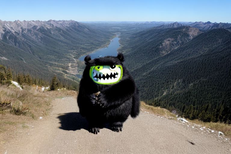 fluffy cute fat monster with teeth on a mountain