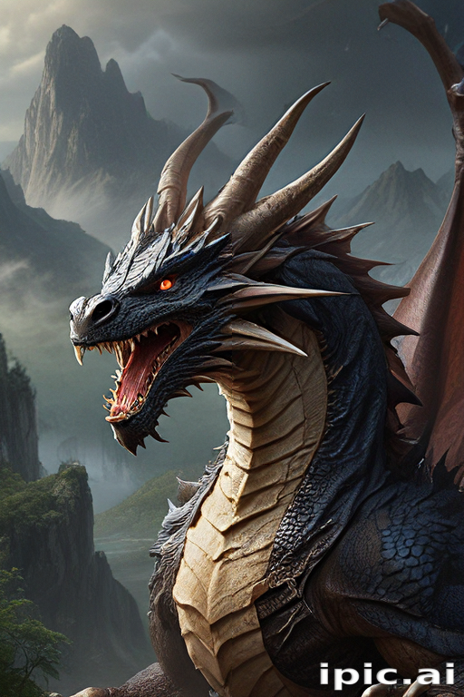 Majestic Dragon Roaring in a Mystical Mountainous Landscape at Dusk.