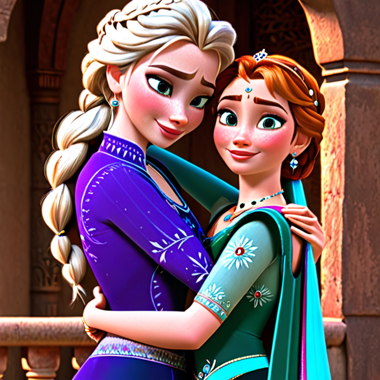Elsa and Anna together hugs in saree indian 3D Disney