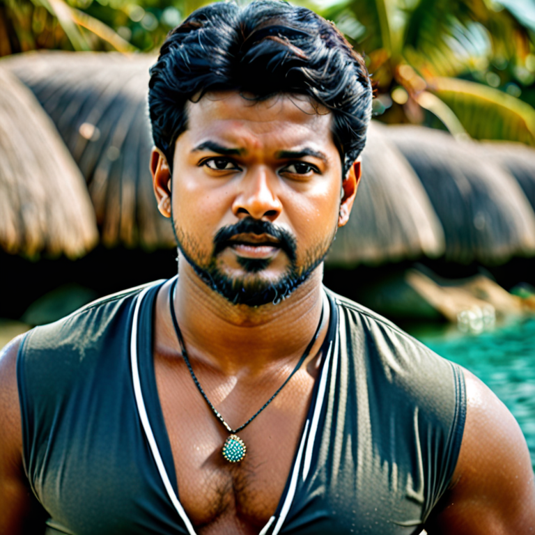 (tamil actor thalapathy vijay), swimming suit, at beach, close-up ...