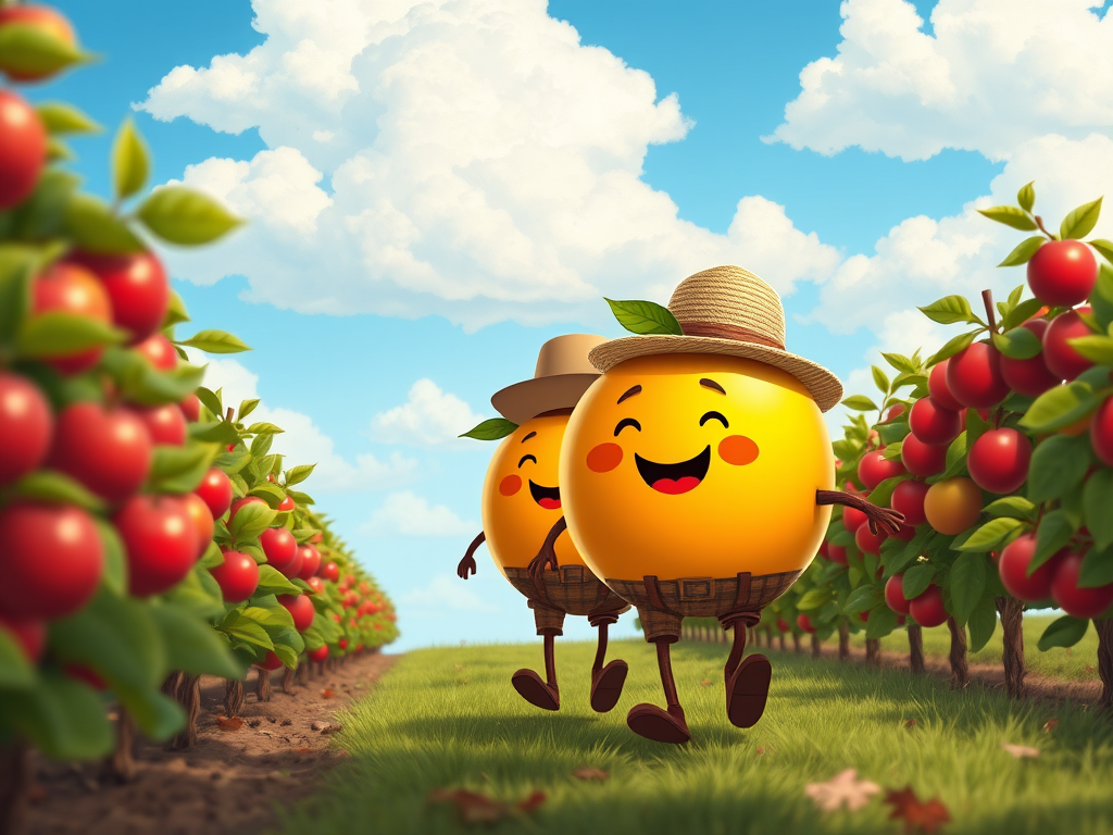 Two Cheerful Cartoon Characters Enjoying a Sunny Day in an Apple Orchard