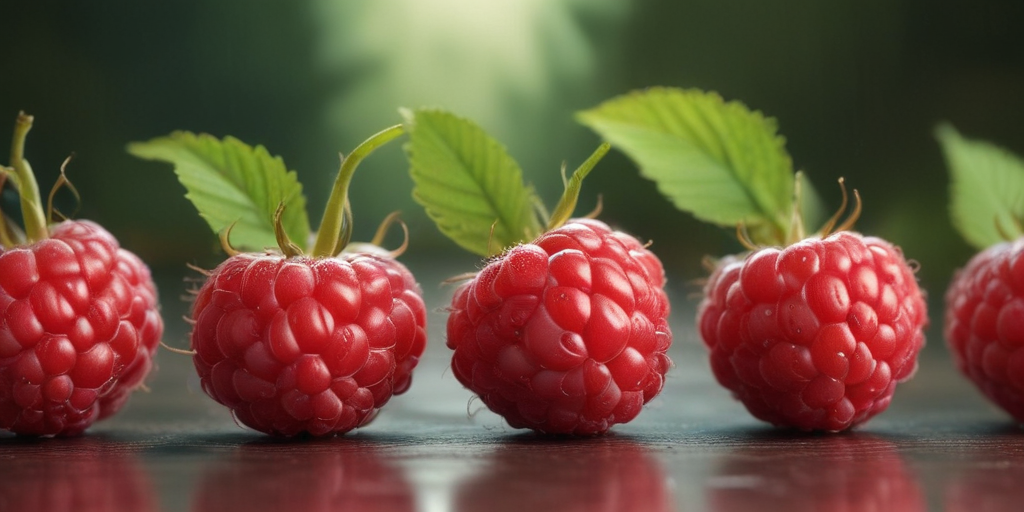 A Colorful Display of Fresh Raspberries with Lush Green Leaves Glistening.