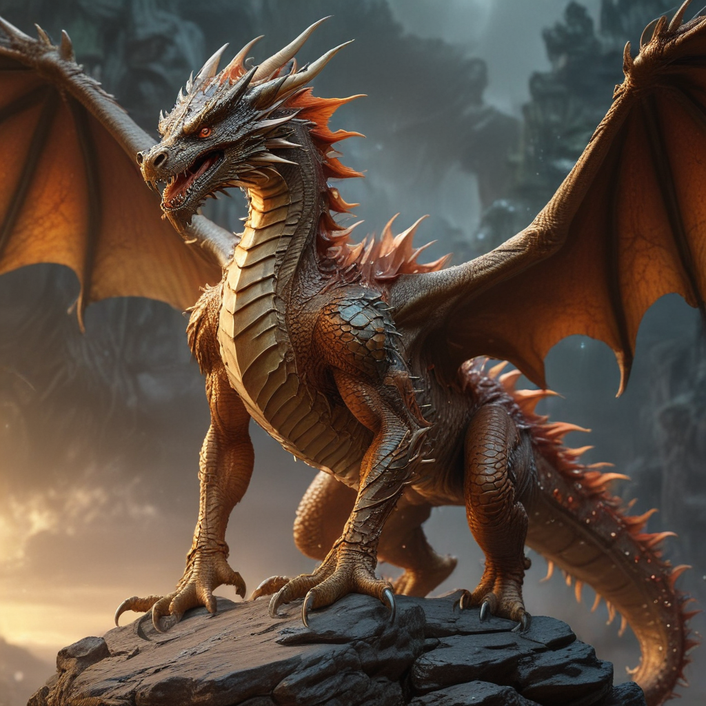 Majestic Fire-Breathing Dragon Perched on a Rocky Summit at Sunset.