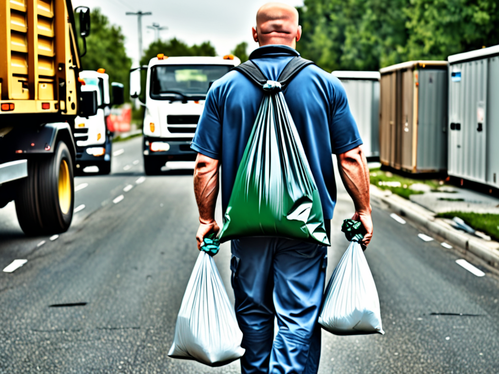realistic handsome bald muscular garbagemen from behind carrying black ...