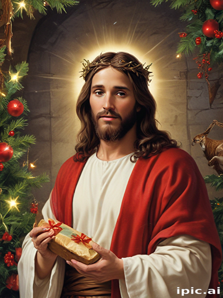 Jesus Holding a Gift Surrounded by Christmas Decorations and Cheerful ...