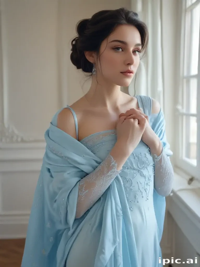 Elegant Woman in Soft Blue Dress Posing Gracefully by the Window